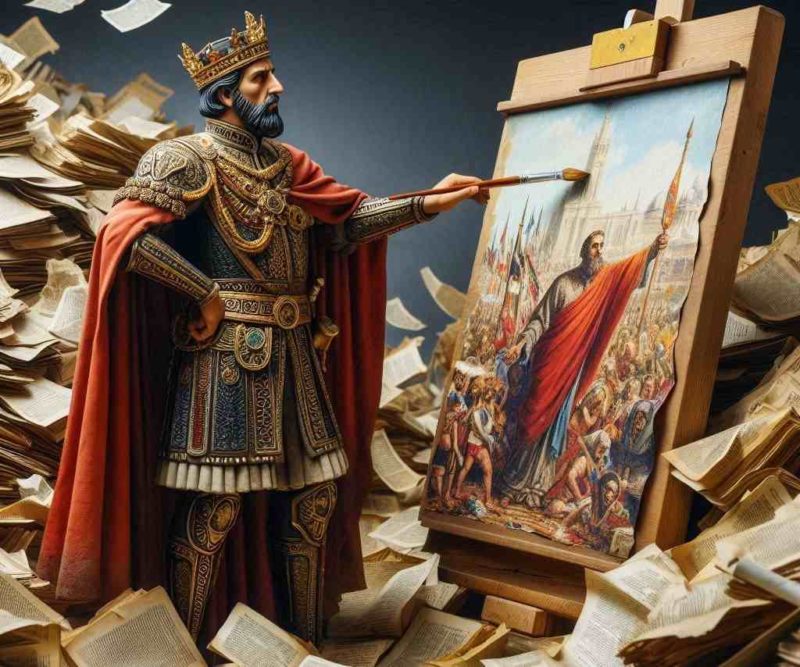 Un rey sosteniendo un pincel y pintando un cuadro que representa una ...